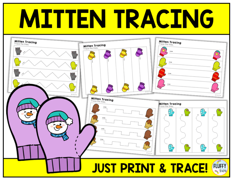 Cute Winter Mitten Tracing Worksheet for Preschool and Toddler - FluffyTots