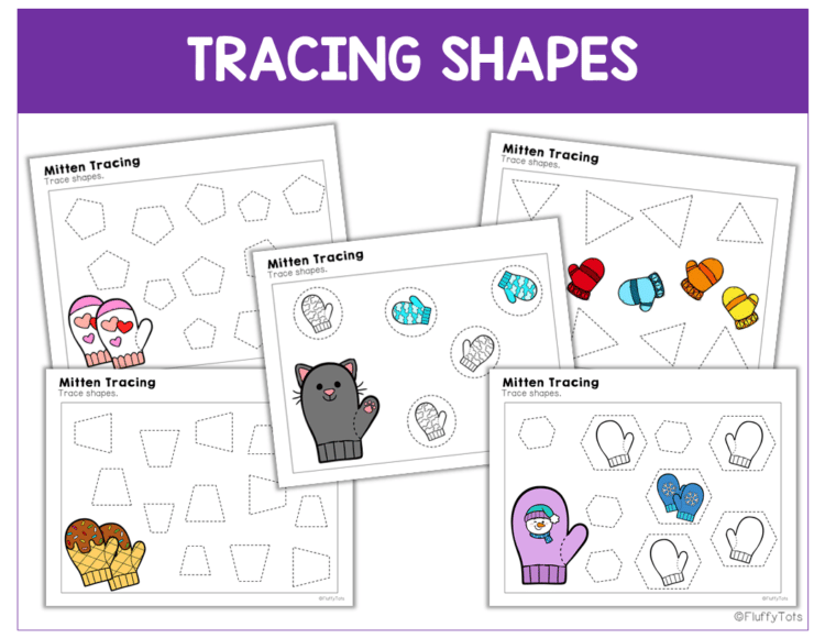 Cute Winter Mitten Tracing Worksheet for Preschool and Toddler - FluffyTots