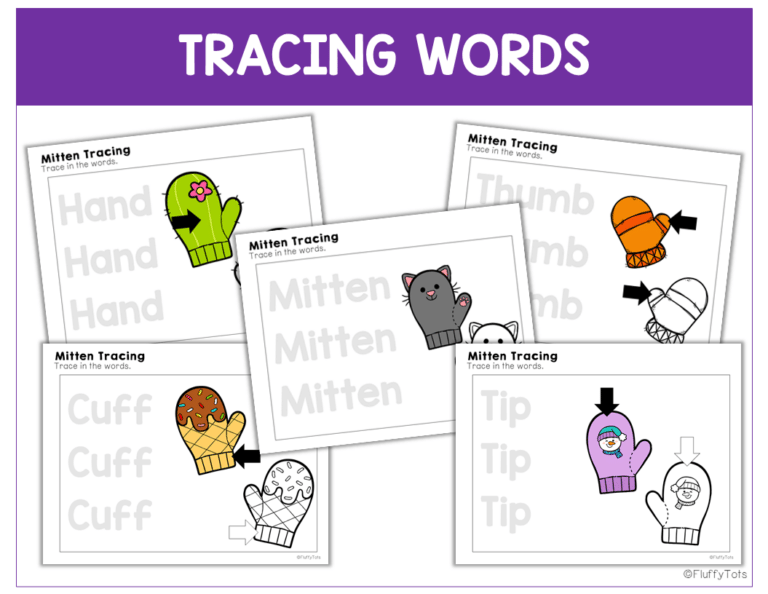 Cute Winter Mitten Tracing Worksheet for Preschool and Toddler - FluffyTots