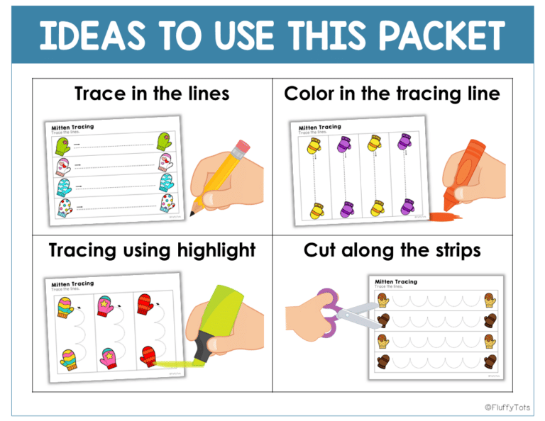 Cute Winter Mitten Tracing Worksheet for Preschool and Toddler - FluffyTots