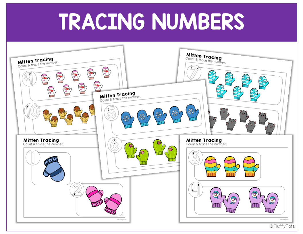 Cute Winter Mitten Tracing Worksheet for Preschool and Toddler - FluffyTots