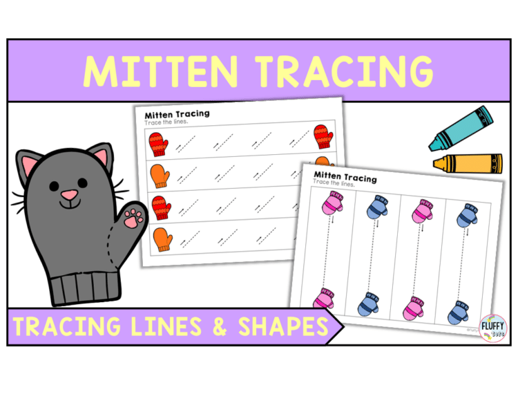 Cute Winter Mitten Tracing Worksheet for Preschool and Toddler - FluffyTots